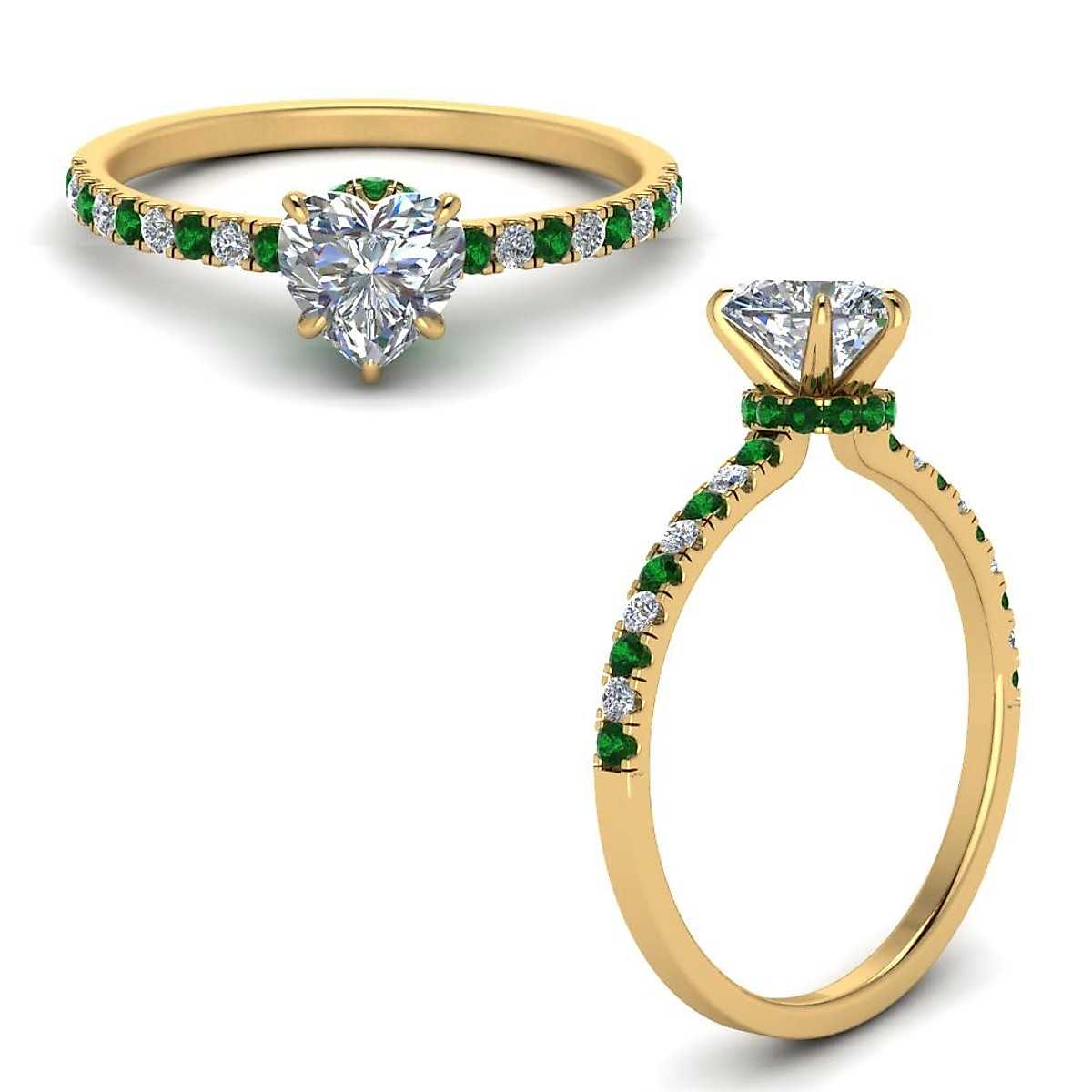 Jewelrygift Hidden Halo Petite Diamond Ring Yellow Gold Plated Created Emerald Heart Shape Green Color Halo Engagement Rings Prong Setting in Size 8 Party Wear Daily Wear Ornament