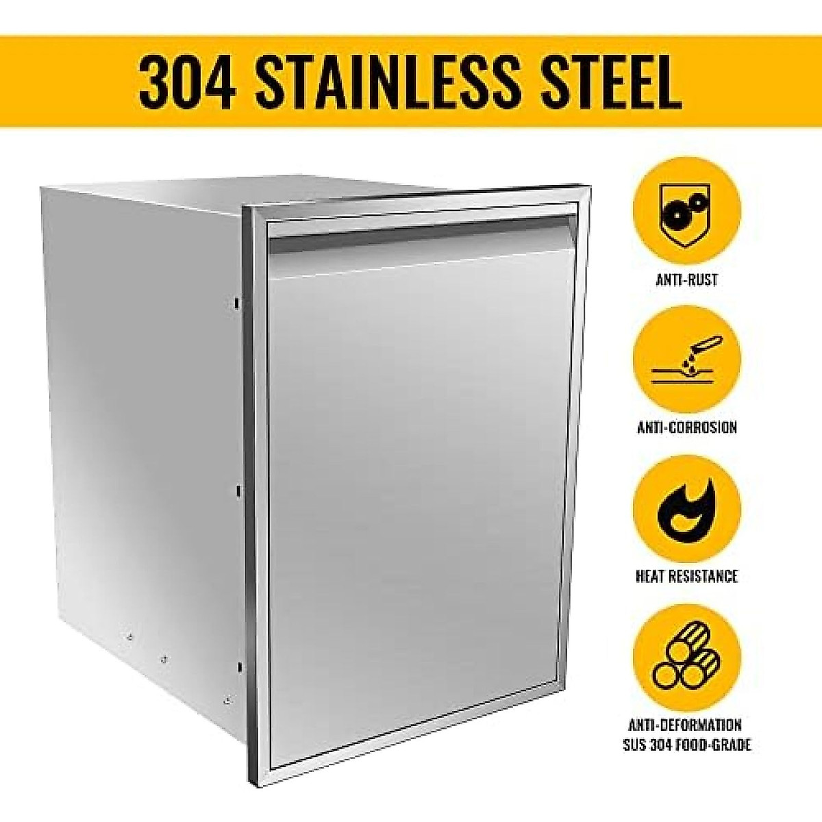 Built-in Single Trash Drawer Pull-Out Tray Outdoor Kitchen Stainless Steel Trash Drawer Storage One Trash Bin for BBQ Island Grill Station,19W X 27H X 16D Inch