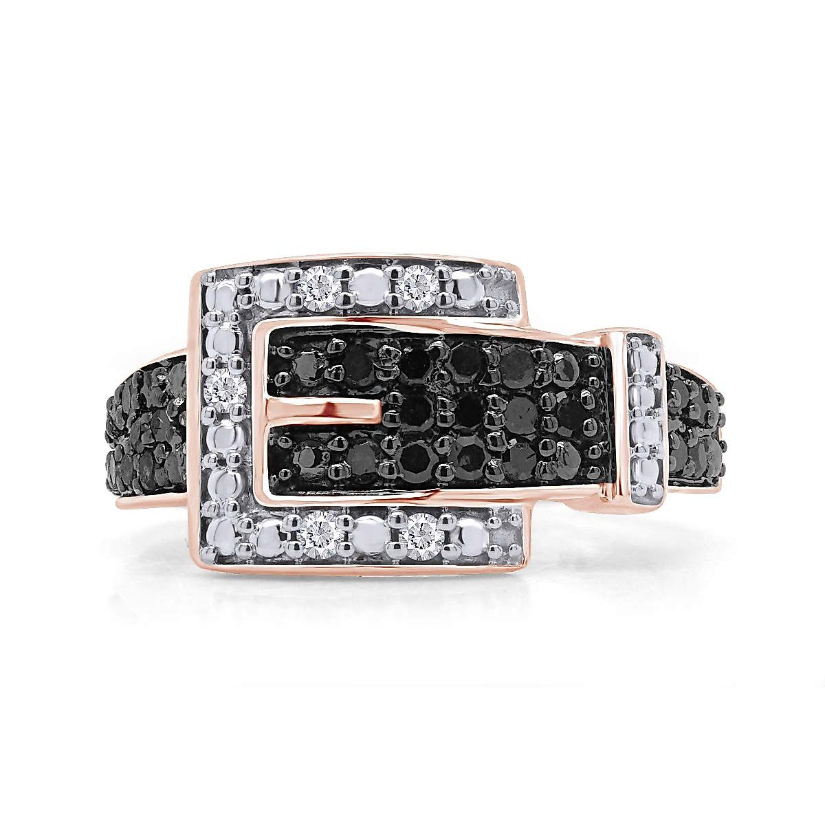 1/4 Carat Black & White Natural Diamond Anniversary Belt Buckle Ring In 14k Rose Gold Over Sterling Silver (0.25 Cttw) Ring Size-7.5