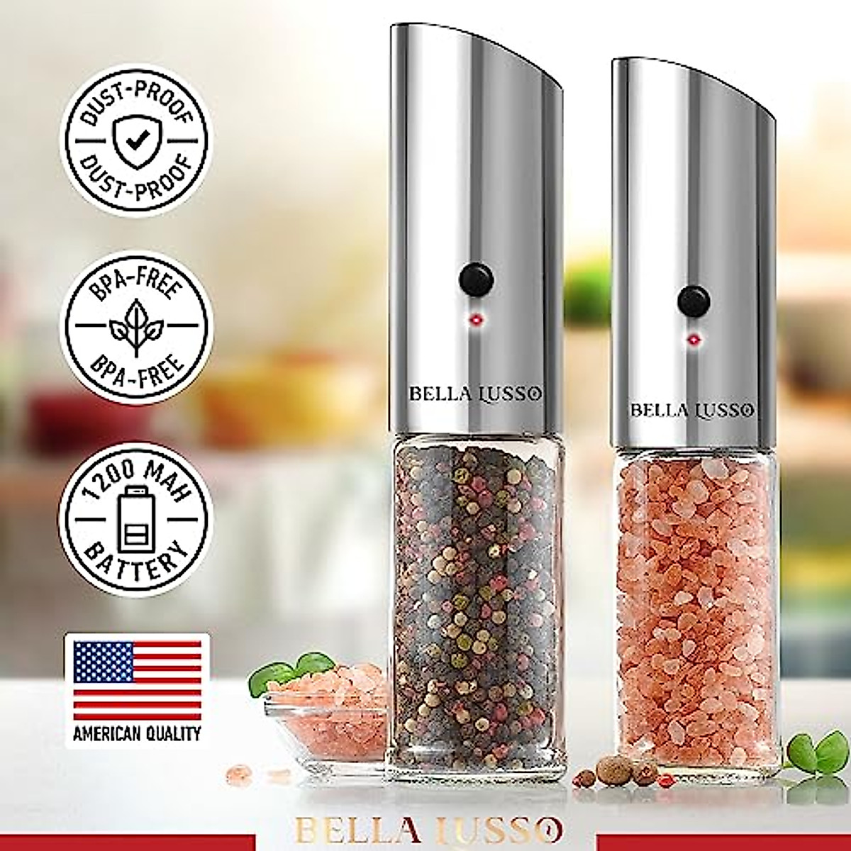 Gravity Electric Salt & Pepper Grinder Set - Adjustable Coarseness - Rechargeable Battery Powered - Refillable Glass Jars - Automatic Operation One Hand Spice Mill - Stainless Steel Kitchen Gadget