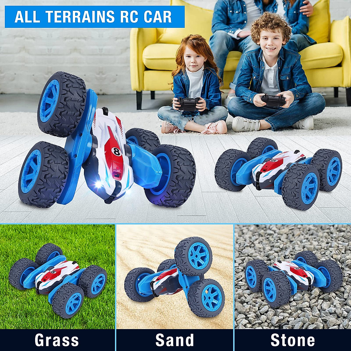 Acekid Remote Control Car for Kids, 2.4 GHz 4WD RC Stunt Car with LED Lights, Double Sided 360 Degree Flips RC Cars Toy for Boys Girls, Birthday Gift for Kids