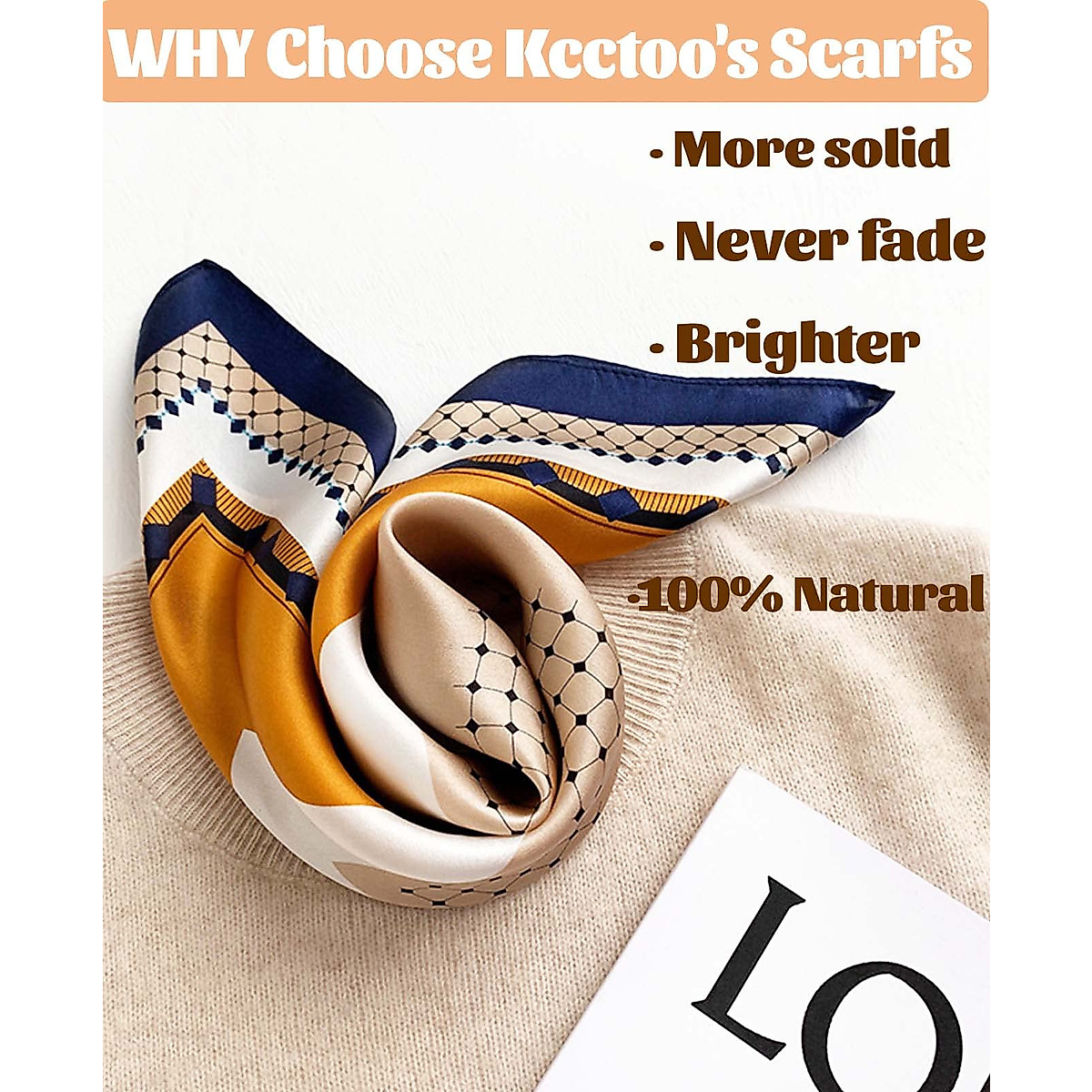 kcctoo 27.5" Mulberry Silk Feeling Head Scarf Women's Fashion Square Neck Satin Scarfs for Bag Hair Scarves Gift