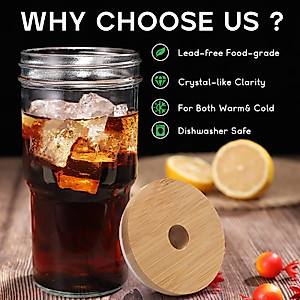 6 Pack Glass Tumbler with Lid and Straw, 24 oz Reusable Boba Smoothie Cups Iced Coffee Mason Jar Drinking Glasses for Bubble Tea, Beer.