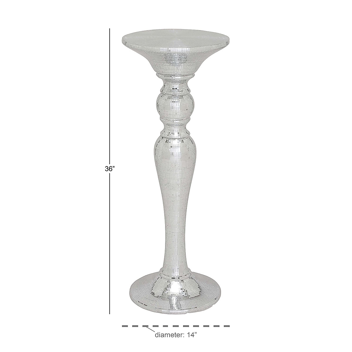 Deco 79 Polystone Round Pedestal Table with Mosaic Mirror Inlay, 14" x 14" x 36", Silver