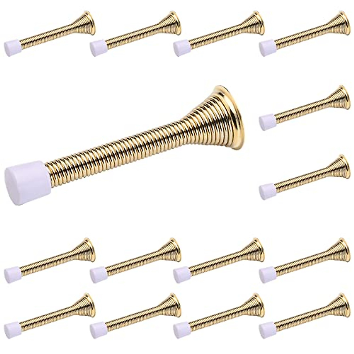 GLOBIZ 15 Pack Spring Door Stops Bright Brass 3-1/3”Heavy Duty Door Stops with Flexible Rustproof Spring Steel Wire and Durable Rubber Bumper Tips Noise Absorption Protect Door and Knob