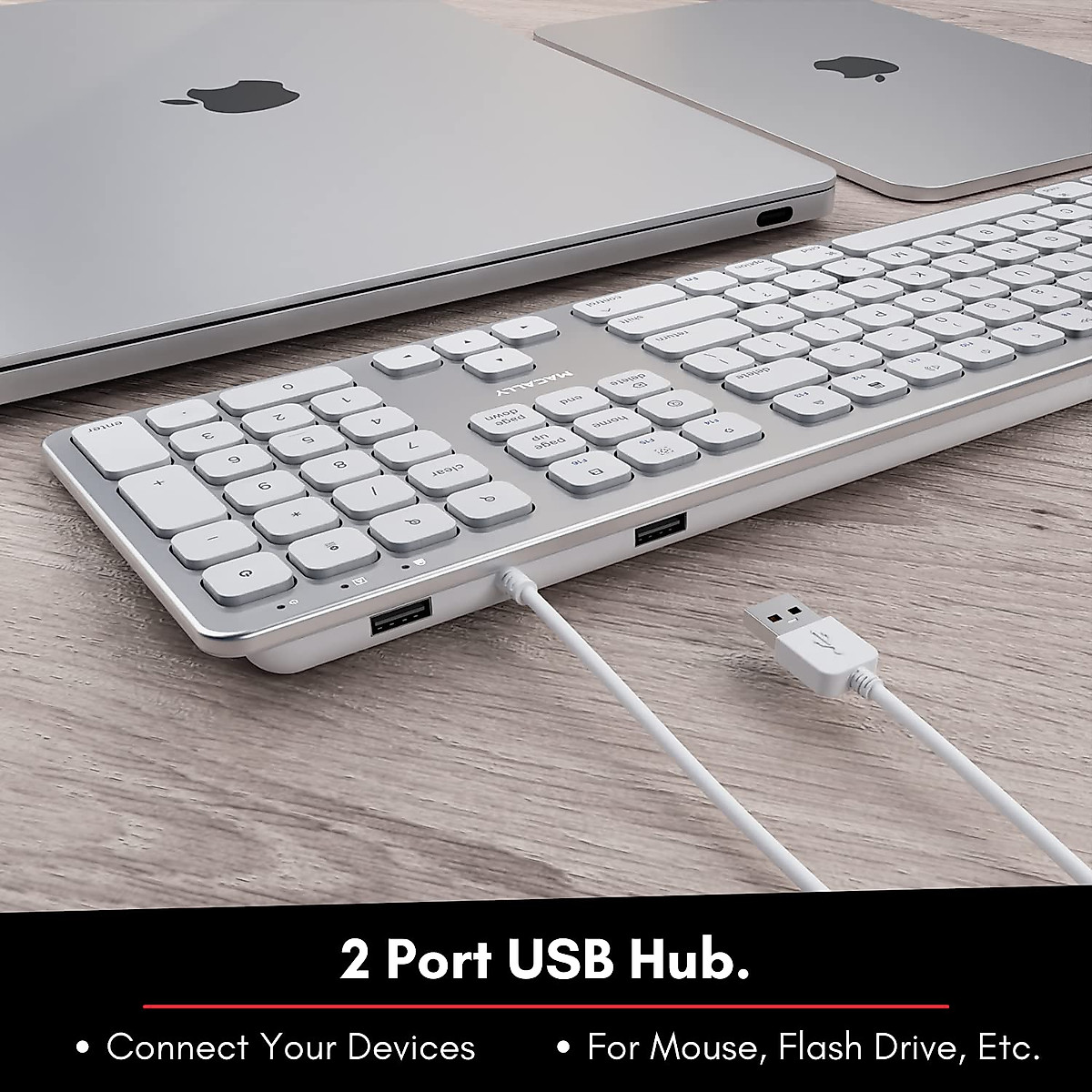 Macally Wired Keyboard for Mac - Compatible Apple Keyboard with USB Ports for Mouse - Full-Size Mac Keyboard with Number Pad - Plug & Play Keyboard for MacBook Pro/Air, iMac - Aluminum Frame