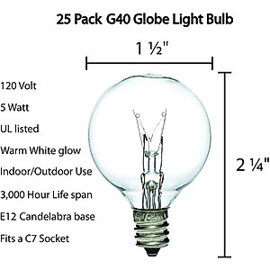 Konictom 25 Pack G40 Clear Globe Light Bulbs, 1.5 Inch Night Light Replacement Bulbs for Indoor Outdoor Patio Decor, C7 Candelabra Socket Base, 5W