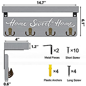 buways Wall-Mounted Key and Mail Holder, Wooden Key Rack with 4 Double Key Hooks, Rustic Home Decor for Entryway(Gray)