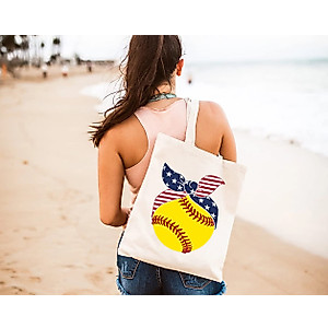 GXVUIS Softball Canvas Tote Bag for Women American Flag Bandana Reusable Travel Grocery Shoulder Shopping Bags Funny Gifts White