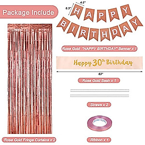 RUBFAC 30th Birthday Decorations for Women, Rose Gold Balloons, Fringe Curtain, Happy Birthday Banner Kits Party Supplies