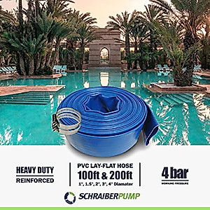 Schraiberpump 1-Inch by 100-Feet- General Purpose Reinforced PVC Lay-Flat Discharge and Backwash Hose - Heavy Duty (4 Bar) 2 CLAMPS INCLUDED