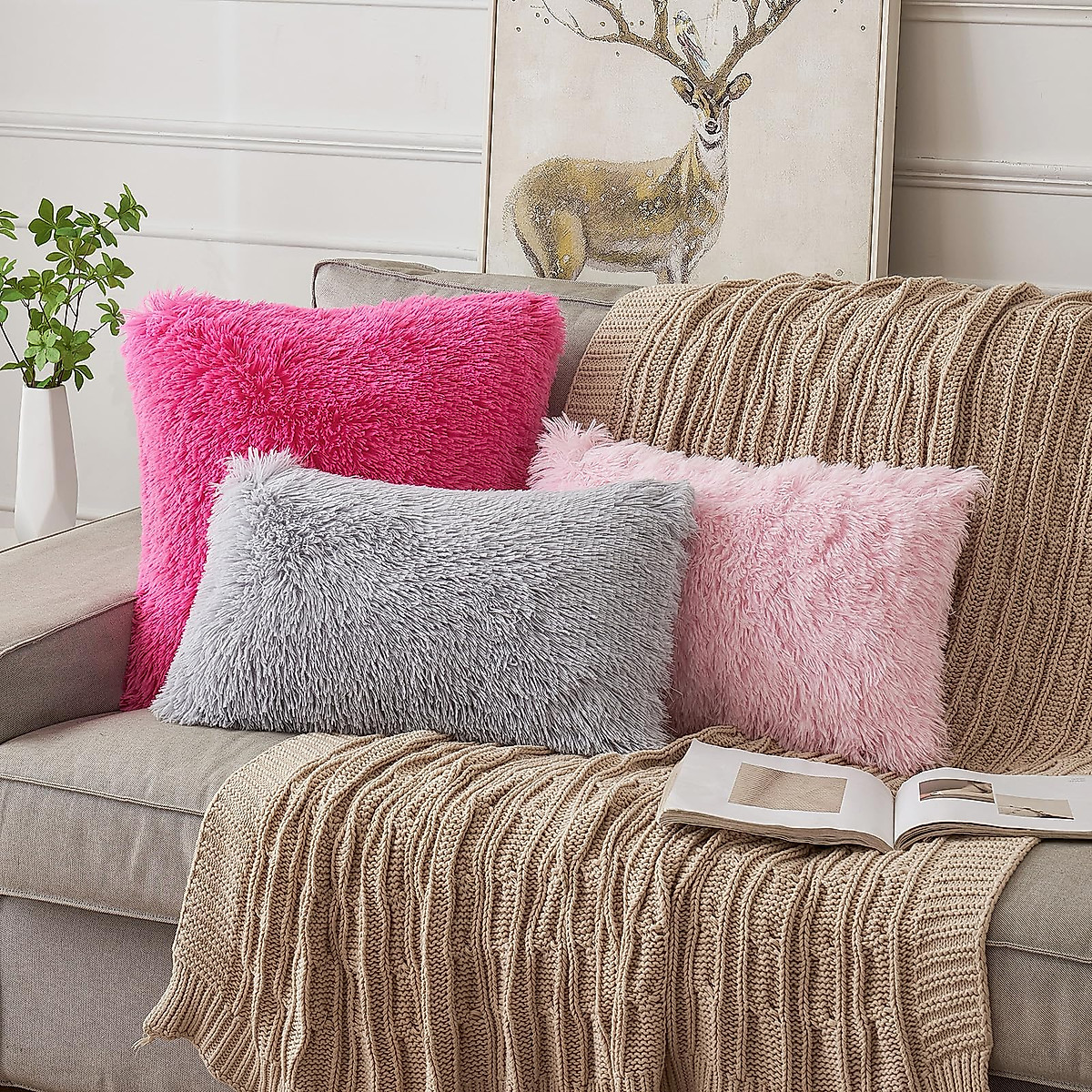 ANRODUO Pack of 2 Hot Pink Throw Pillow Covers Luxury Fluffy Pillows Faux Fur Decorative Pillows Plush Cushion Case Fuzzy Mongolian Merin Style for Bed Couch Sofa Living Room Spring Decor 18x18 Inch
