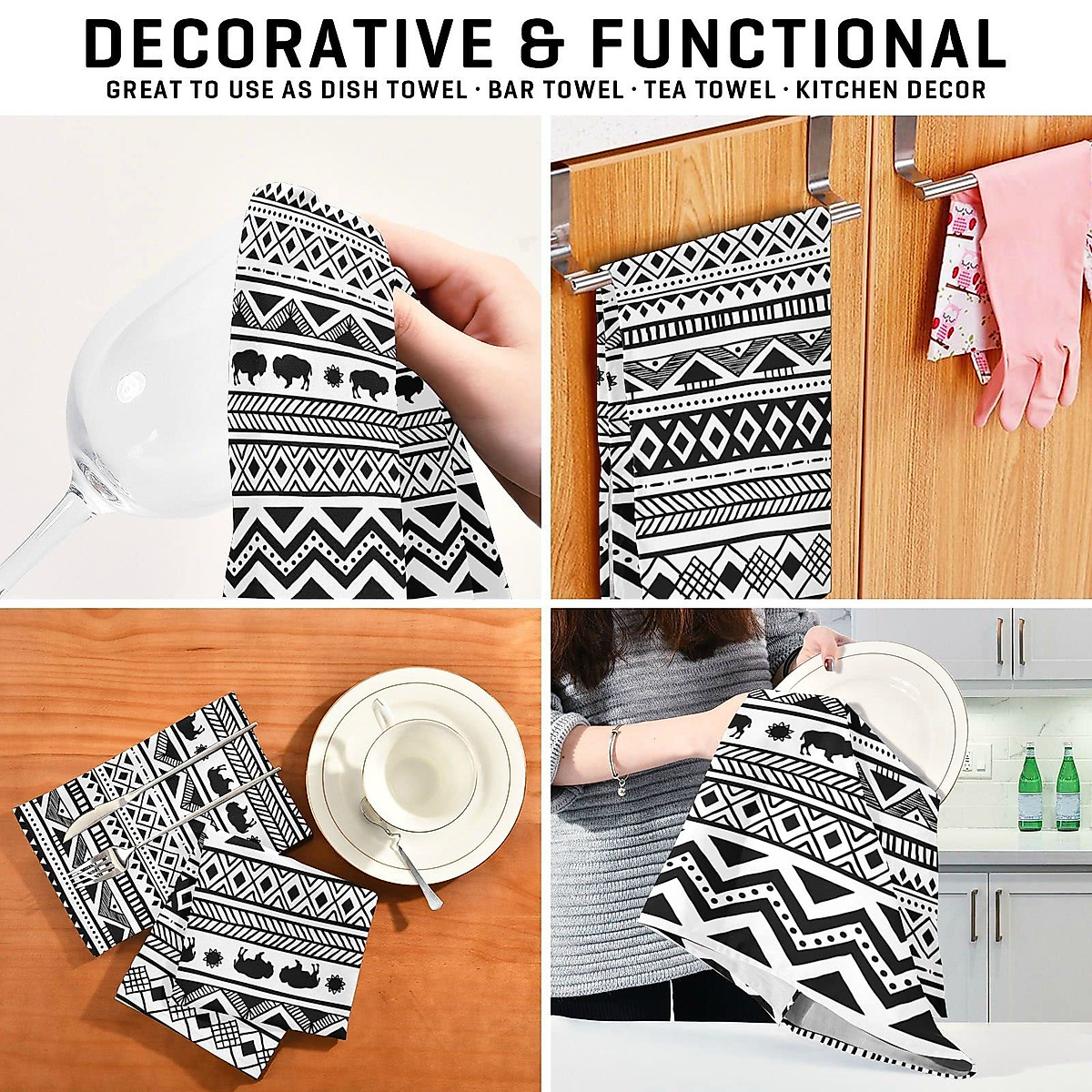 susiyo Aztec Tribal Black and White Kitchen Dish Towel, Set of 4 Pcs Soft Polyester Dish Cloth for Cooking Washing, 28 X 18 Inch