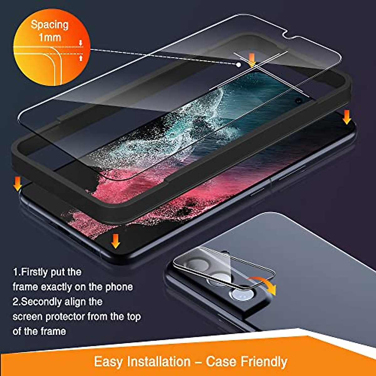 [3+2 Pack] Screen Protector for Samsung Galaxy S22 Plus/S22+Plus 5G, Tempered Glass Galaxy S22 Plus Screen Protector + 2 Pack Camera Lens Protector -[Fingerprint Unlock][Easy Installation Frame]