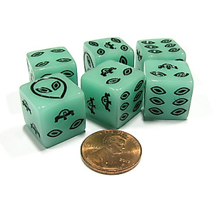 Set of 6 Alien UFO 16mm D6 Koplow Games Dice - Green with Black Etches