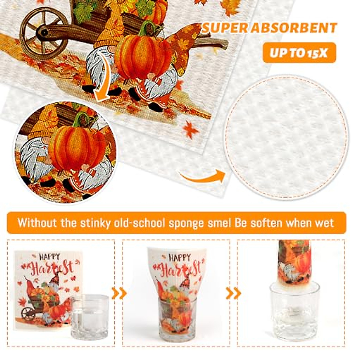 6 Pcs Thanksgiving Swedish Dishcloths Turkey Pumpkins Kitchen Dishcloth Autumn Fall Kitchen Towel Decor Absorbent Quick Drying Reusable Cleaning Dish Cloths for Home Counter Wipes