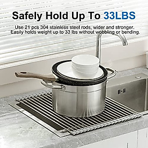 CSUNNUFA Roll Up Dish Drying Rack, 12"-21" Expandable Over The Sink Dish Drying Rack Sink Dish Drainer, Portable Stainless Steel Rolling Drying Rack for Kitchen Sink (21"x14.6", Grey)