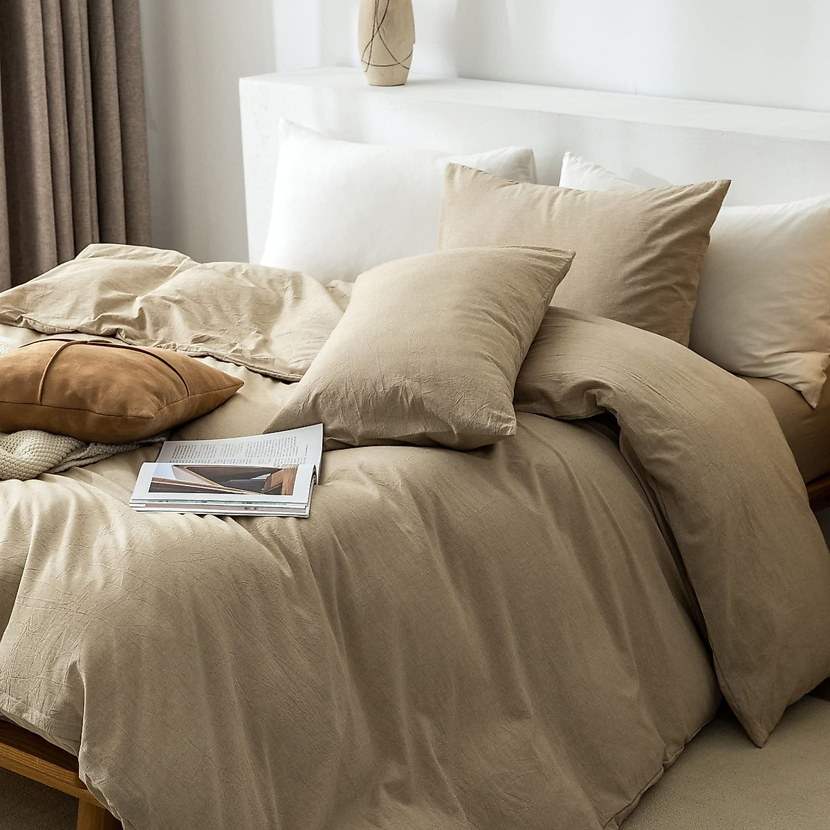 TIPTOE BEAR King Duvet Cover Set- 100% Washed Cotton 3 Pcs Soft Comfy Breathable Chic Linen Feel Bedding, 1 Duvet Cover and 2 Pillow Shams, Beige