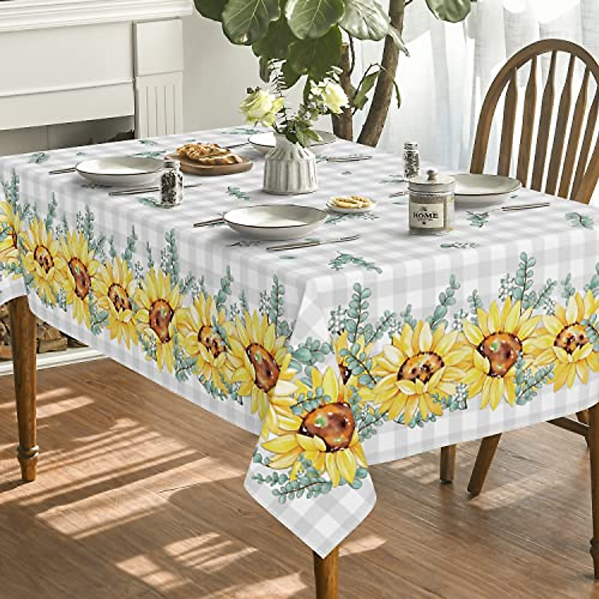 Horaldaily Spring Summer Tablecloth 60x60 Inch, Buffalo Plaid Sunflower Eucalyptus Floral Table Cover for Party Picnic Dinner Decor