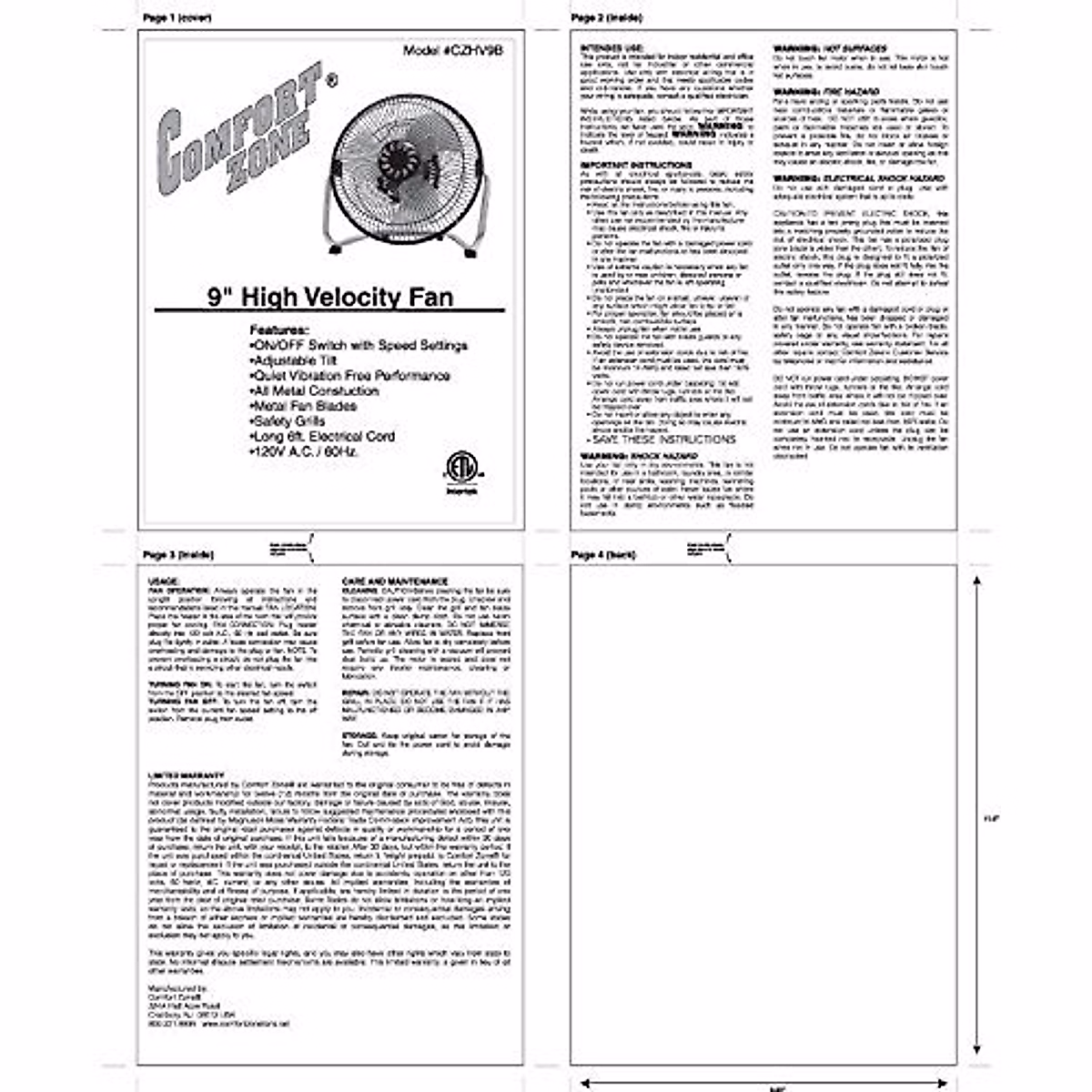 Comfort Zone CZHV9B 9” 3-Speed Cradle Floor Fan, 180-Degree Adjustable Tilt, All-Metal Construction, Convenient Carry Handle, and Rubber Feet for Stability, Black