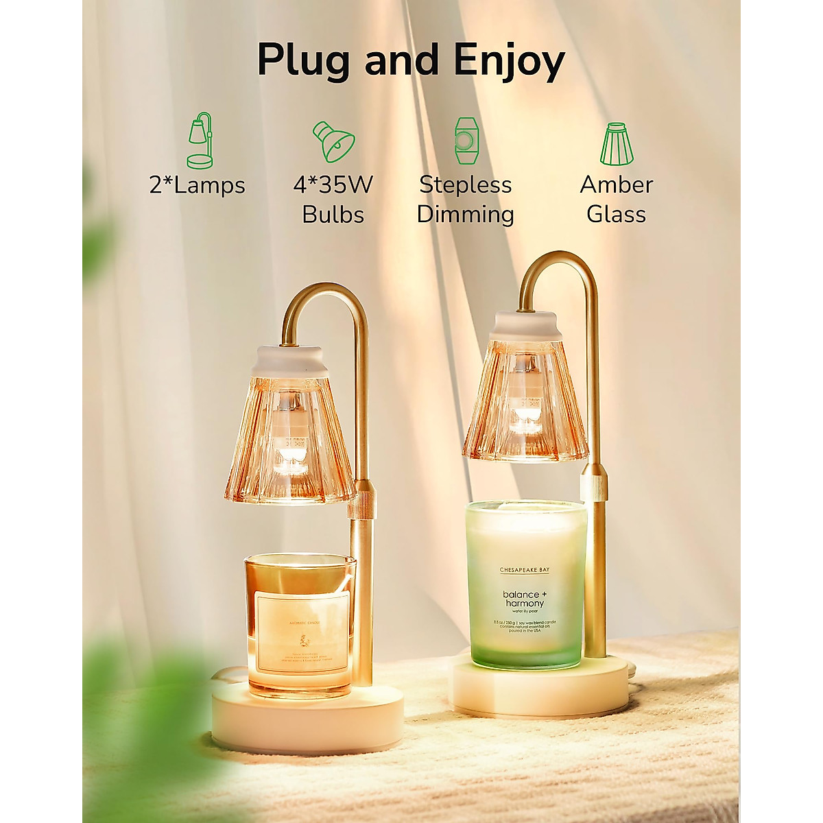 ULG 2-Pack Candle Warmer Lamp with Dimmer, Lamp Candle Heater with 4 Bulbs for 3 Wick Candles, Height Adjustable Candle Melter Light for Scented Wax, for Her/Mom, Amber