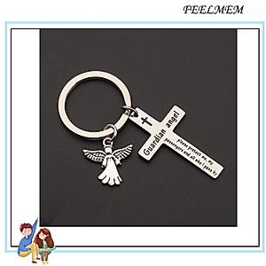FEELMEM Guardian Angel Prayer Cross Keychain Guardian Angel Protect Me My Passengers By Safe Drive Safe Trip Travel Safely Keyring Motorist Prayer Gift (silver)