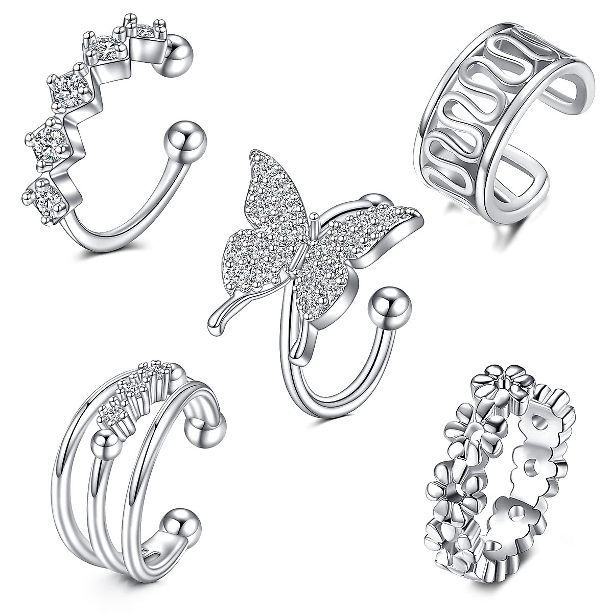 JFORYOU Ear Cuff Butterfly Flower CZ Fake Helix Cartilage Clip On Wrap Earrings Fake Lip Ring Non-Piercing Adjustable Men Women