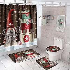 Stylish Christmas Shower Curtains for Bathroom, Christmas Cartoon Gnome Gift Bathroom Shower Curtain Set with Mat Rug 12 Hooks