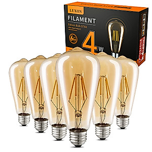LUXON LED Edison Bulbs Dimmable Amber Glass Warm 2700K Antique Vintage Style Filament Light Bulbs 40W Equivalent E26 Base 6-Pack