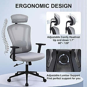 Ermnois Ergonomic Home Office Chair, High Back Desk Chair with Adjustable Lumbar Support, 2D Armrest and Headrest, Mesh Computer Gaming Chair with Tilt Function (1, Grey)