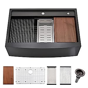 33 Inch Farmhouse Kitchen Sink Splash Guard Workstation Black - 33 inch Black Stainless Steel Apron Front Farmhouse Sink Workstation Kitchen Sink Single Bowl 16 Gauge Stainless Steel Farm Sink