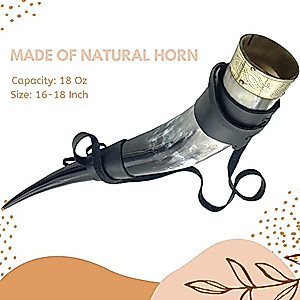 Genuine Handcrafted 18oz, Natural Viking Drinking Horn with Leather Shoulder Strap for Beer Wine Ale and Mead Champagne (Leather starp)