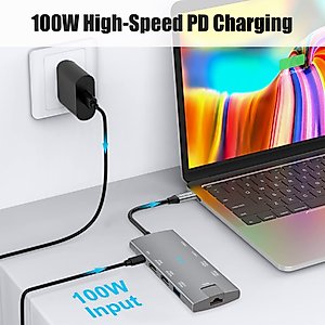 AGVEE Dual 4K@60HZ HDMI USB-C Hub, 9-in-1 Type-C Adapter with Flip Gigabit Ethernet RJ45, 2 Displays Monitors Output, 100W PD & USBC Data Dock for Steam Deck, MacBook Laptop, iPad Pro, Gray