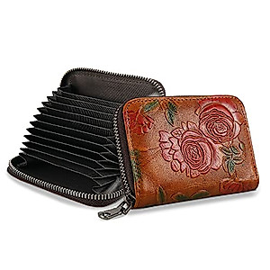 Women's Leather Zipper Wallet Card Organizer Ladies Small Purse with 12 Card Slots (Brown)