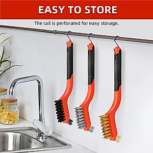 IEGREMAR 3pcs Wire Brushes for Cleaning Rust, Upgrade Wire Brush Set - Brass/Stainless Steel/Nylon Bristles, Small Metal Wire Brush with Curved Handle Grip, Wire Brushes for Paint and Stain, 7 Inches