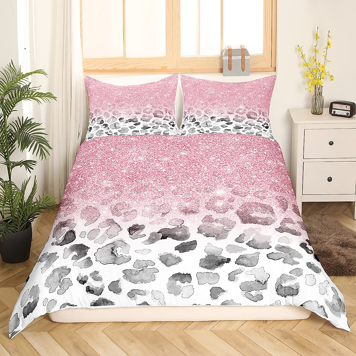 Leopard Print Duvet Cover Set Twin Size,Kids Girls Woman Feminine Room Decor,Pink Glitter Starry Romantic Comforter Cover,Cheetah Skin Abstract Bedding Set,Fashion Glamorous Quilt Cover,1 Pillowcase