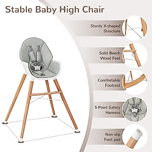 HONEY JOY Baby High Chair, Eat & Grow Beech Wooden Highchair for Babies and Toddlers, Removable Double-Layer Food Tray, 5-Point Harness, PU Cushion and Footrest for Infants Boys Girls (Gray)