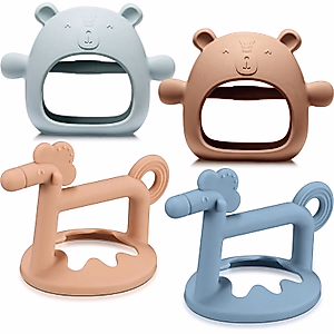4 Pieces Silicone Teething Toys Bear Baby Teether Toy Anti Dropping Horse Teething Pacifier Baby Chew Toys Chewable Hand Teethers for Sucking Chewing Needs Pain Relief Gifts (Blue, Caramel, Pink)