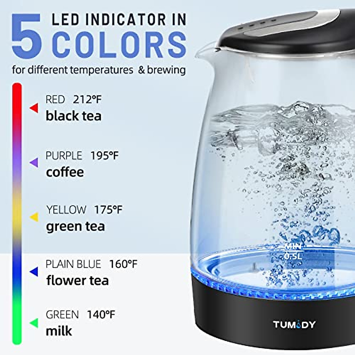 TUMIDY 1.7L Glass Electric Kettle Temperature Control Hot Water Boiler with 5 Colors LED Indicator and Keep Warm Function, 90°Open Fast Boil Auto Shut-Off Tea Heater Stainless Steel Inner Lid & Bottom