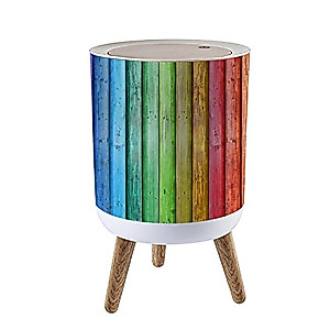 LGCZNWDFHTZ Small Trash Can with Lid for Bathroom Kitchen Office Diaper Colorful Wooden Rainbow Color Bedroom Garbage Trash Bin Dog Proof Waste Basket Cute Decorative