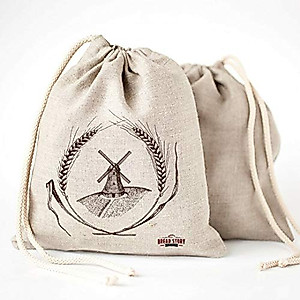 Linen Bread Bags - 3 Pack 11 x 15" Speical Art Design Natural Unbleached Linen Reusable Food Safe Storage for Homemade Artisan Bread
