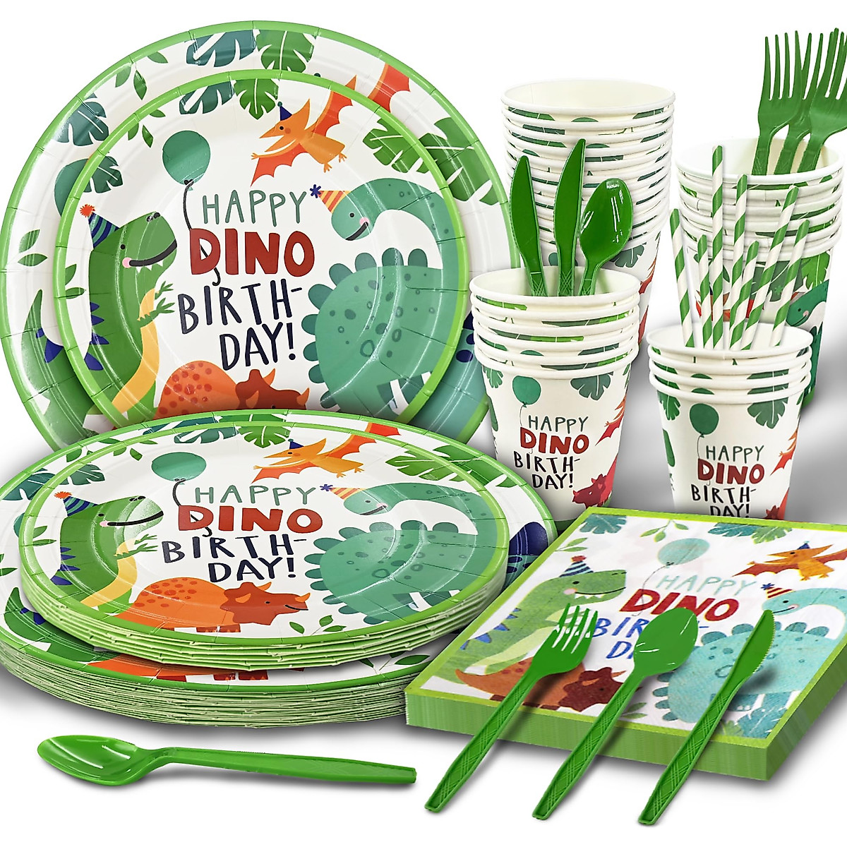 Party Spot! 260 Pcs Dinosaur Birthday Decorations, 20 Tableware Sets, Dinosaur Foil Balloons, Sticker, Banner, Dinosaur Paper Plates, Cups, Balloon Pump, Dinosaur Party Decorations