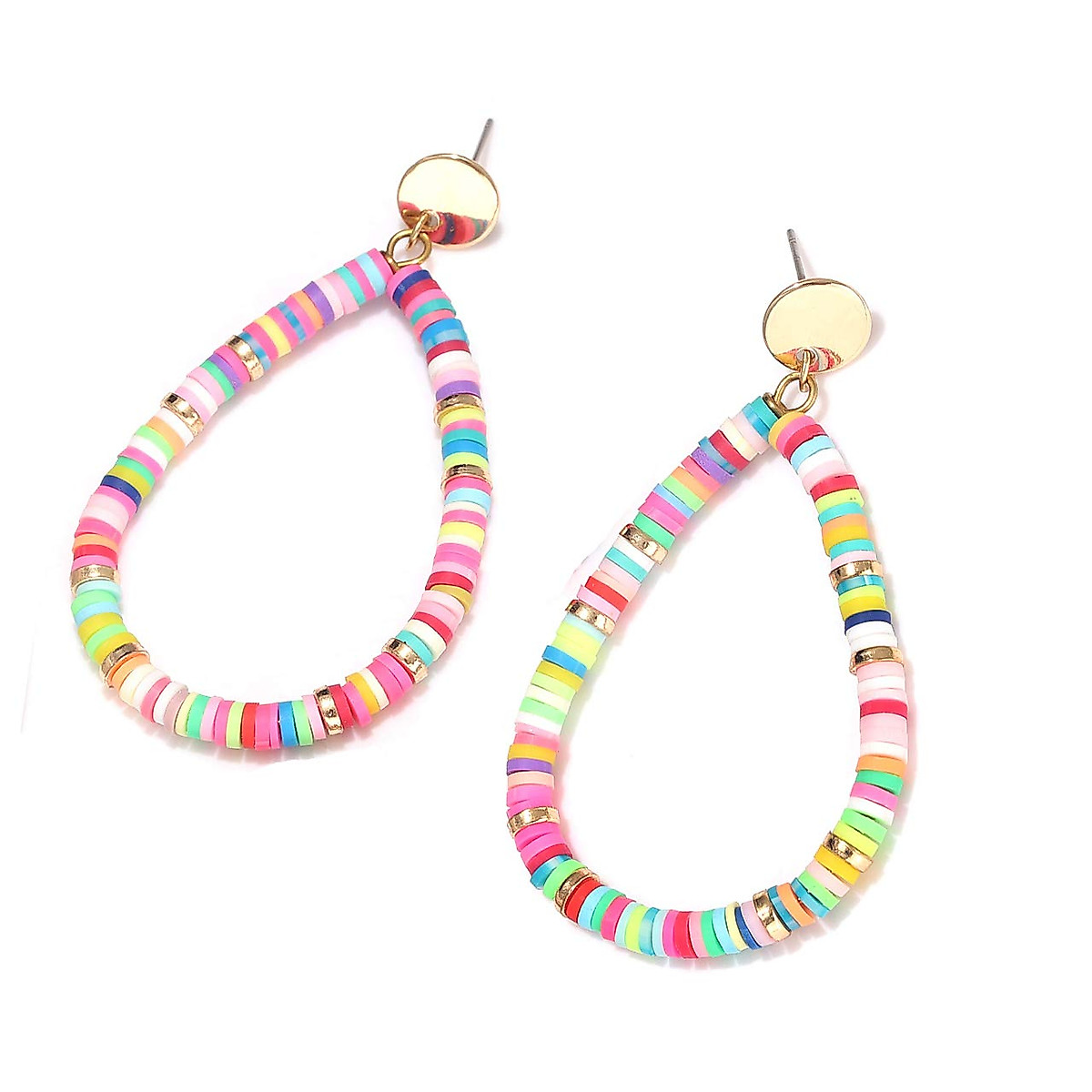 XOCARTIGE Heishi Bead Drop Earrings Colorful African Vinyl Beaded Hoop Dangle Earring Studs for Women Bohemia Summer Beach Accessory (A Rainbow)