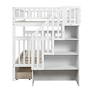 Full Over Full Bunk Beds, Solid Wood Full Bunk Beds with Two Drawers, Inner Bookcase and Stairway for Kids and Teenages, White