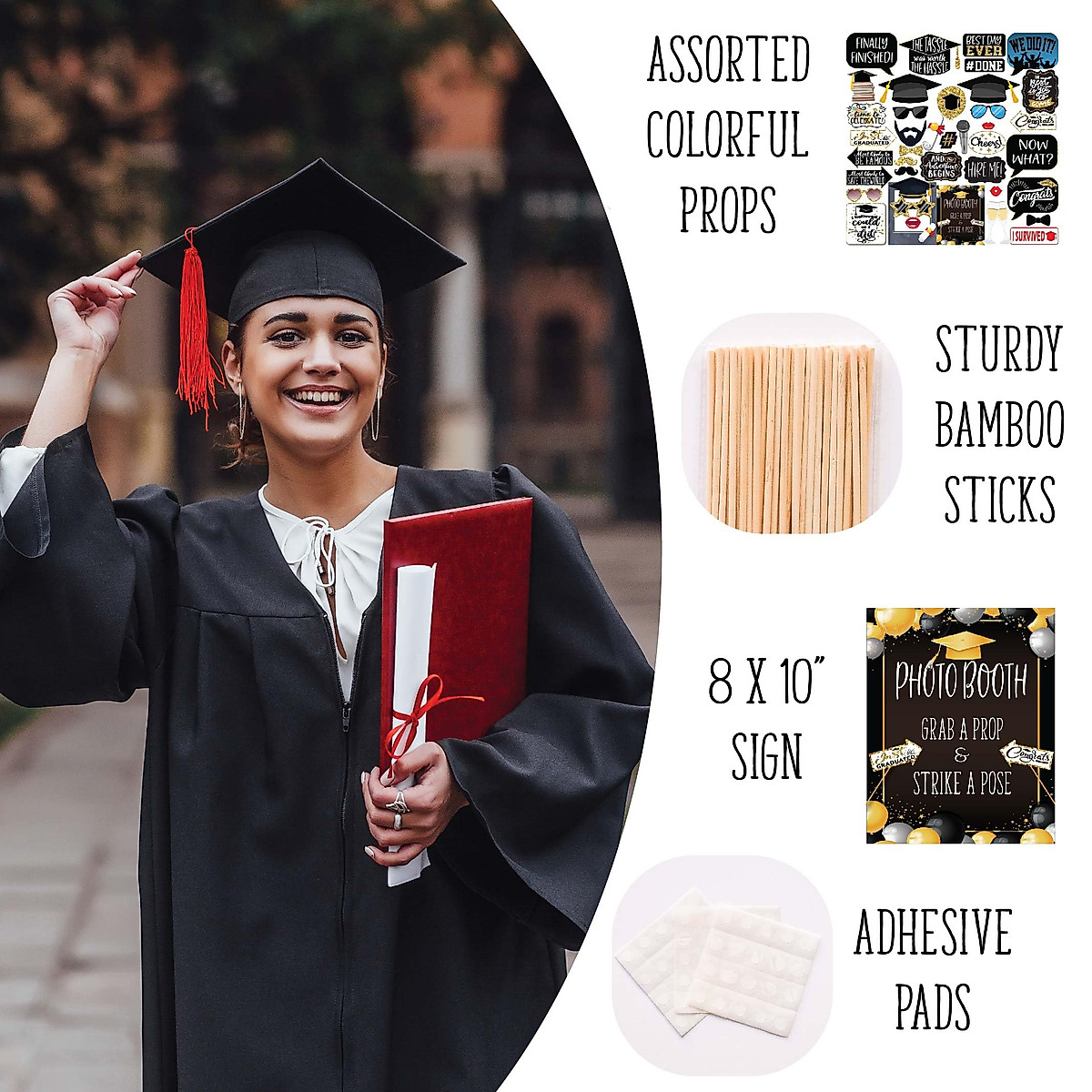 Graduation Photo Booth Props - 41-pc Photobooth Kit with 8 x 10-Inch Sign, 60 Adhesive Pads, 45 Sticks - Graduation Props - Graduation Picture Props - Grad Photo Booth Props