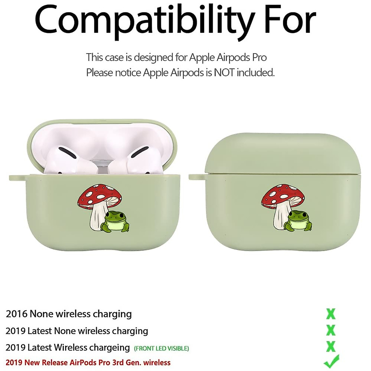 MAYCARI Lovely Frog Mushroom Case for AirPods Pro with Keychain, Cute Animal Design Protective Soft TPU Cover Compatible with AirPods Pro Charging Green Case for Women Girls