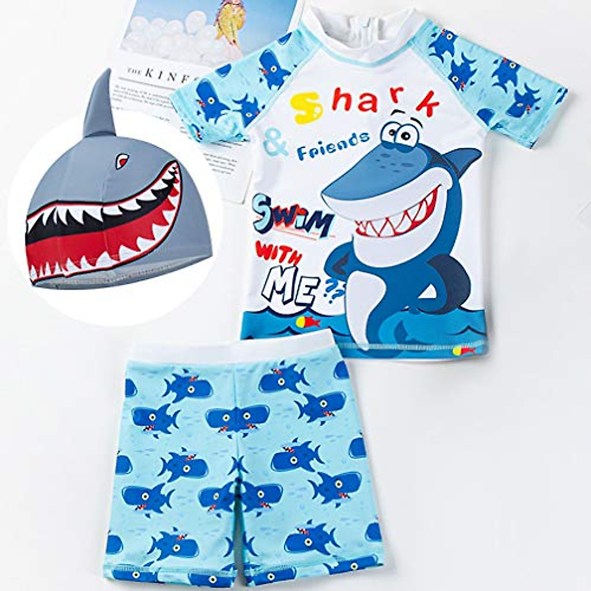 Toddler Baby Boys Two Pieces Swimsuit Swimwear Set Kids Bathing Suit Rash Guards with Hat UPF 50+ (9-18 Months, Swim Shark)