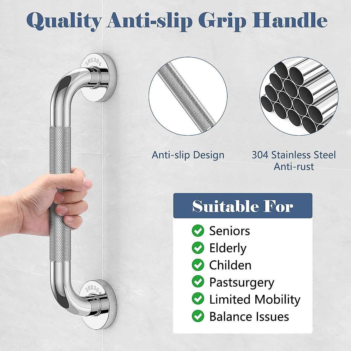Grab Bars for Bathtubs and Showers, Aolloa 2 Pack 16inch SUS304 Stainless Steel Anti Slip Bath Handle for Elderly Senior Handicap Pregnant Women