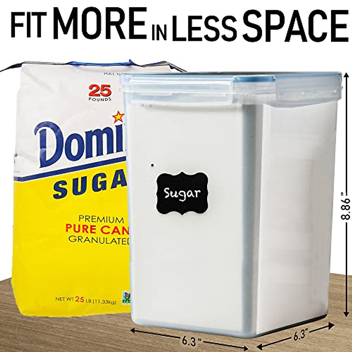 EXTRA LARGE WIDE & DEEP Food Storage Airtight Containers [Set of 4] 5.2L (175.9oz) w/ 4 Measuring Cups + Labels - Ideal for Sugar, Flour, Baking Supplies - Clear Plastic - Leakproof