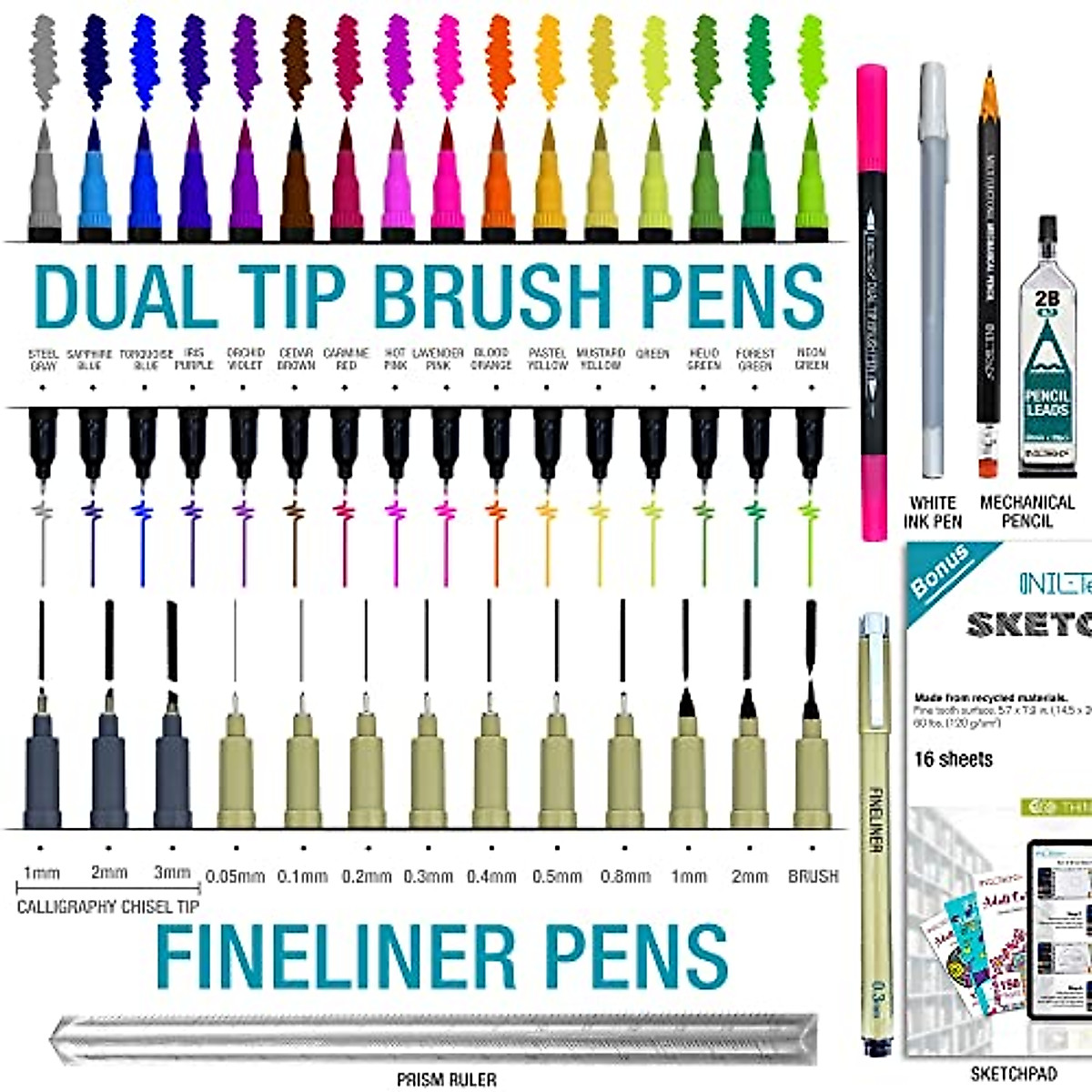All-in-One Artist Drawing Pens Set -16 Dual Tip Brush Pens, 3 Calligraphy Pens, 10 Drawing Pens, Ruler, White Ink Pen, Mechanical Pencil, Sketch Pad Perfect for Coloring Journaling Planner Projects